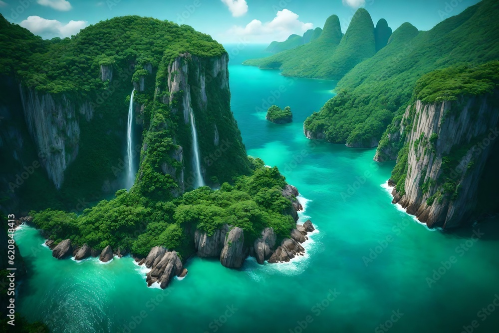 Envision towering cliffs dotted with lush vegetation, overlooking a ...