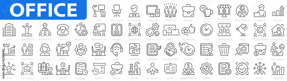 Office icon set. Work in office icons. Briefcase, meeting, employee ...
