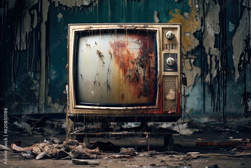 Badly Synced TV Screen with Static Noise. Grooved and Damaged LCD ...