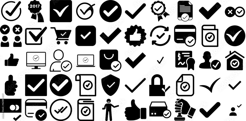 Mega Set Of Approve Icons Collection In Trendy Solid Filled Isolated Style. Approve, Icon ...