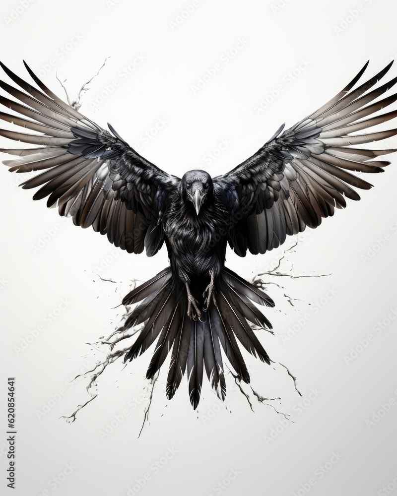 An illustrated crow flaps wings against white background; depicts ...