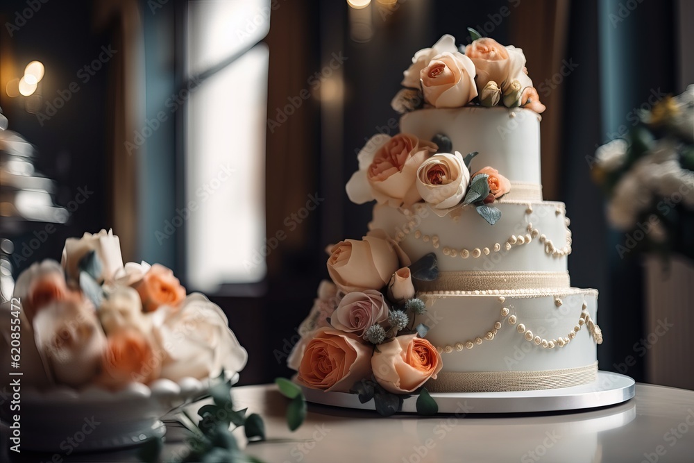 Beautiful white wedding cake decorated with white, cream color sugar ...