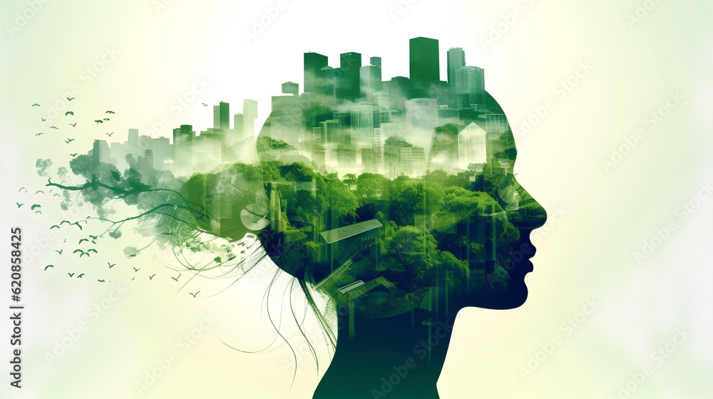 Symbolizing the green thinking concept, a woman's head silhouette is ...
