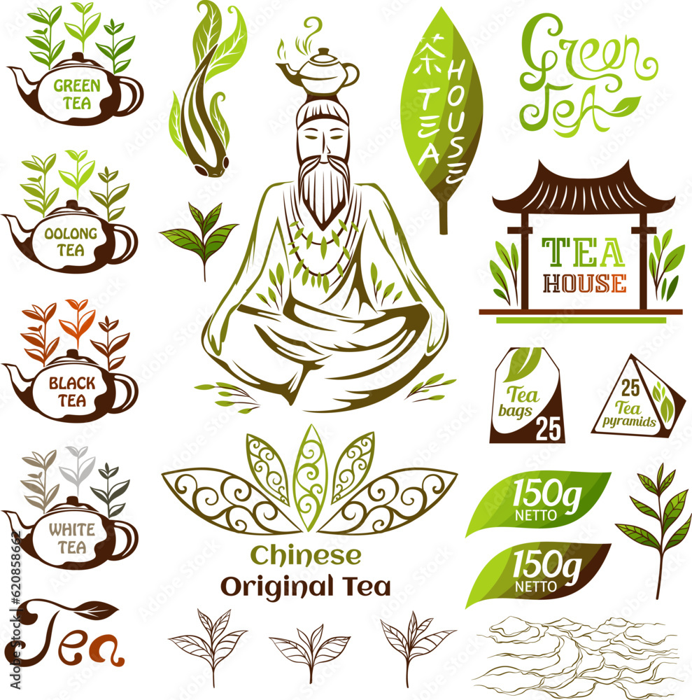 Tea logo collection. Chinese green tea emblems. Tea decorative elements ...