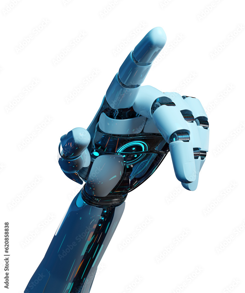 Isolated robot hand pointing finger. 3D rendering white and blue cyborg ...