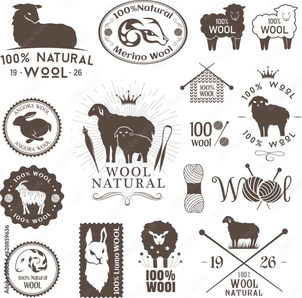 Wool labels and stickers. Logo set of sheep, alpaca, rabbit and goat ...