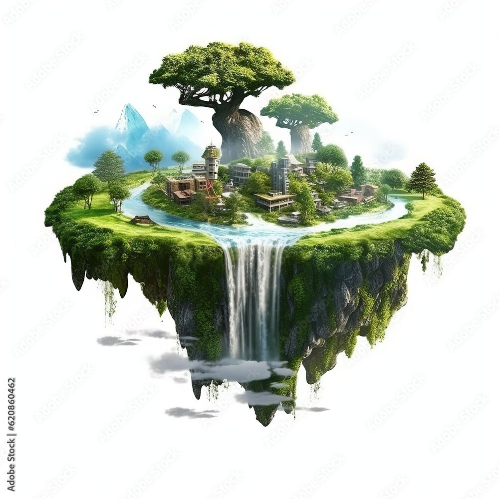 Flying land with beautiful landscape, green grass and trees, waterfalls ...