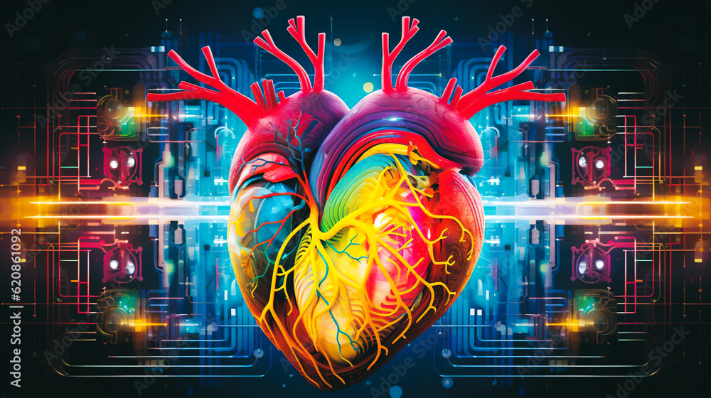 intricate structure of a human heart, with vibrant colors highlighting ...