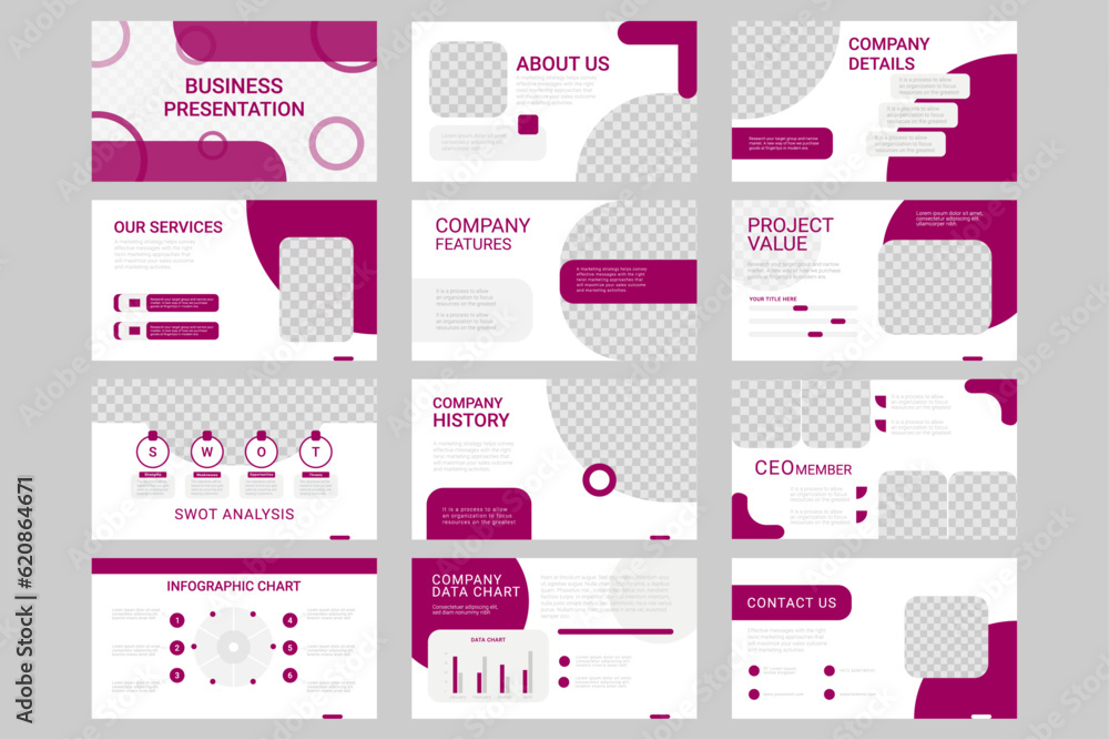 Presentation template, Maroon and gray infographic elements on white ...