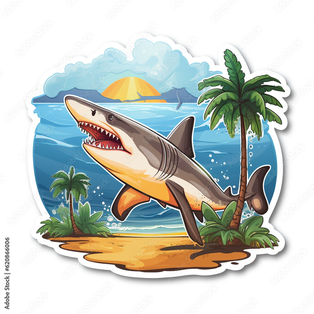 Shark 2D flat cartoon sticker. The illustration shows sharp shark teeth ...
