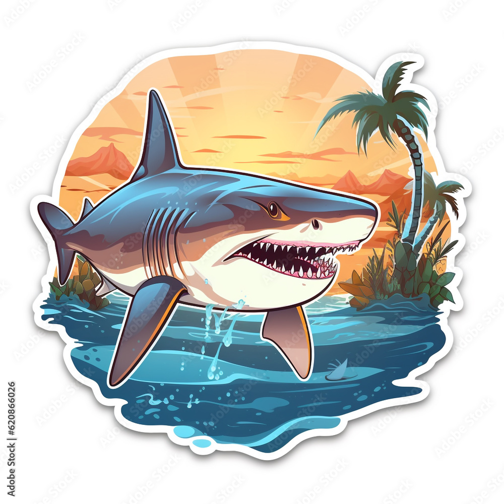 Shark 2D flat cartoon sticker. The illustration shows sharp shark teeth ...