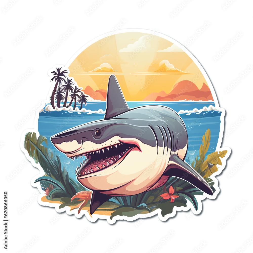 Shark 2D flat cartoon sticker. The illustration shows sharp shark teeth ...