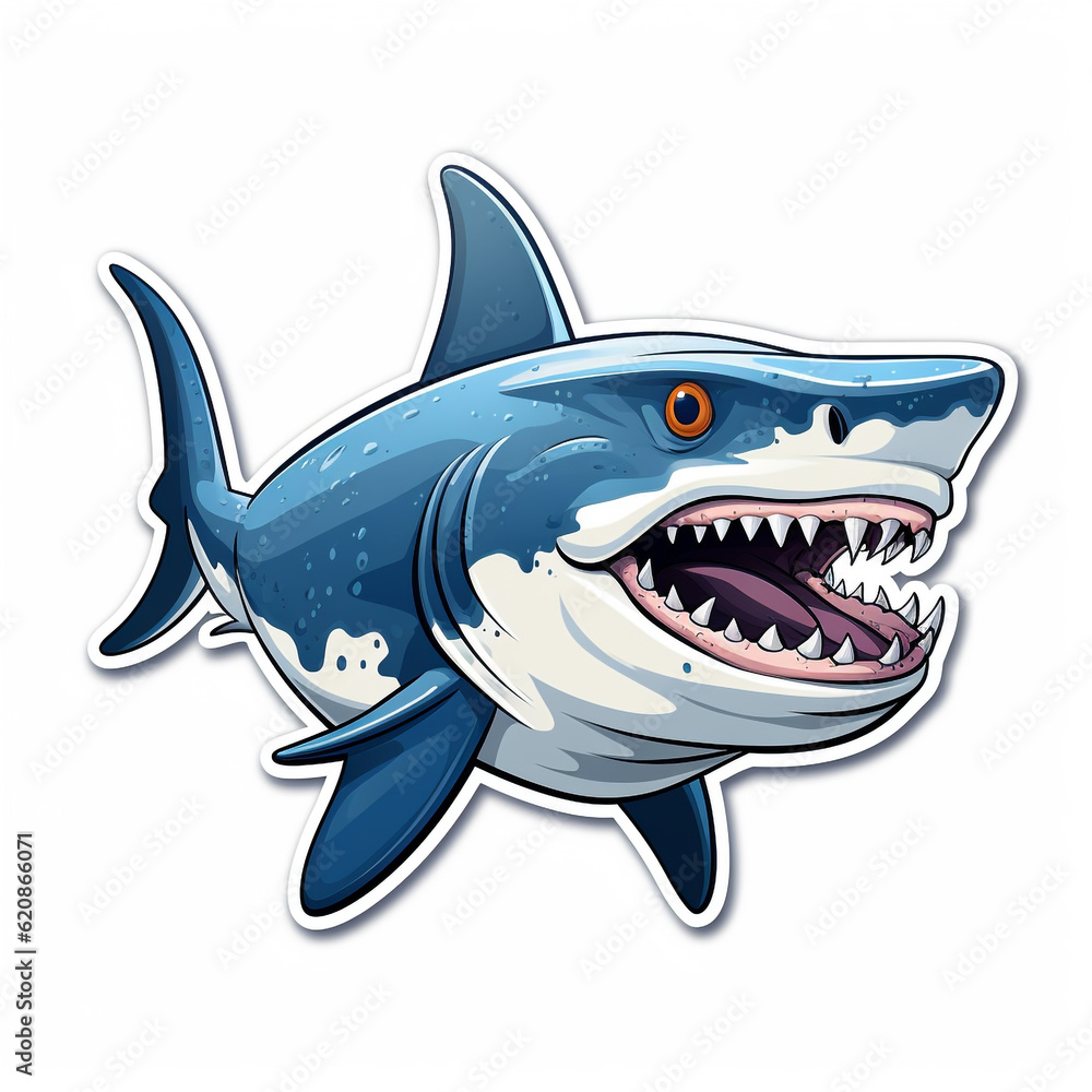 Shark 2D flat cartoon sticker. The illustration shows sharp shark teeth ...