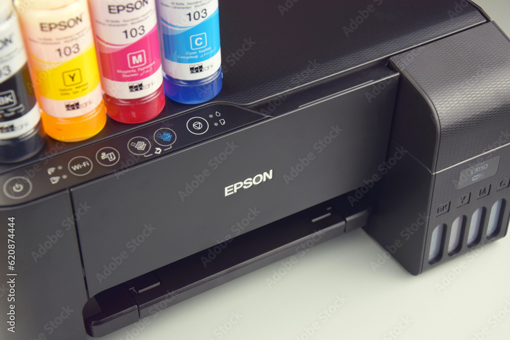 Four bottles of ink Epson, yellow, red, blue, black, built-in to the ...