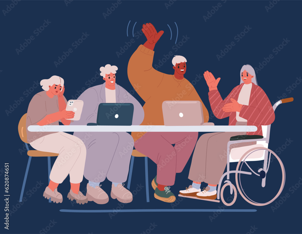 Vector cartoon illustration of Social inclusion of people in wheelchair ...