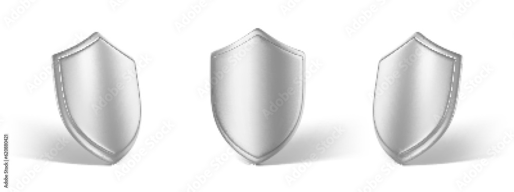 3D render metal shields isolated on white background. Realistic shield ...