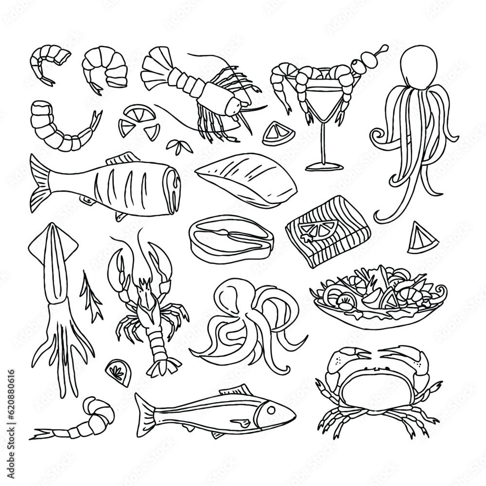 seafood, fish, illustration, food, ocean, sea, vector, menu, shrimp ...