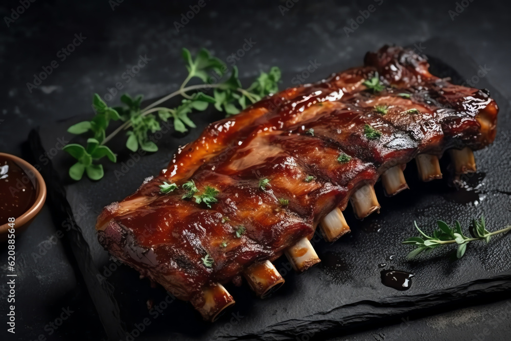 Grilled ribs with barbeque sauce, grey background, copy space, free ...