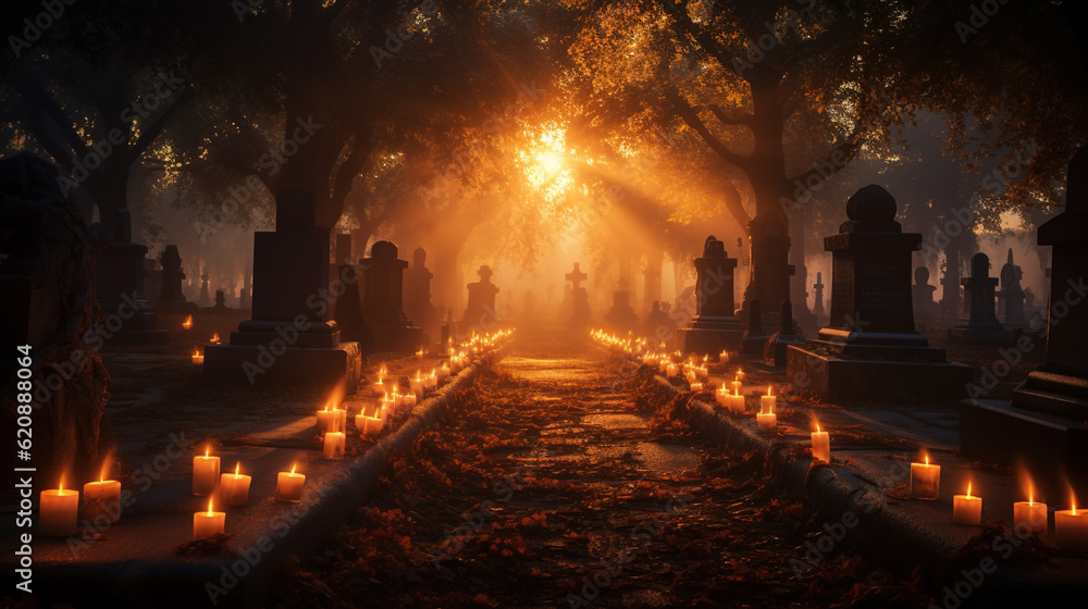 Candle lit pathway leading through a graveyard, creating an ethereal ...