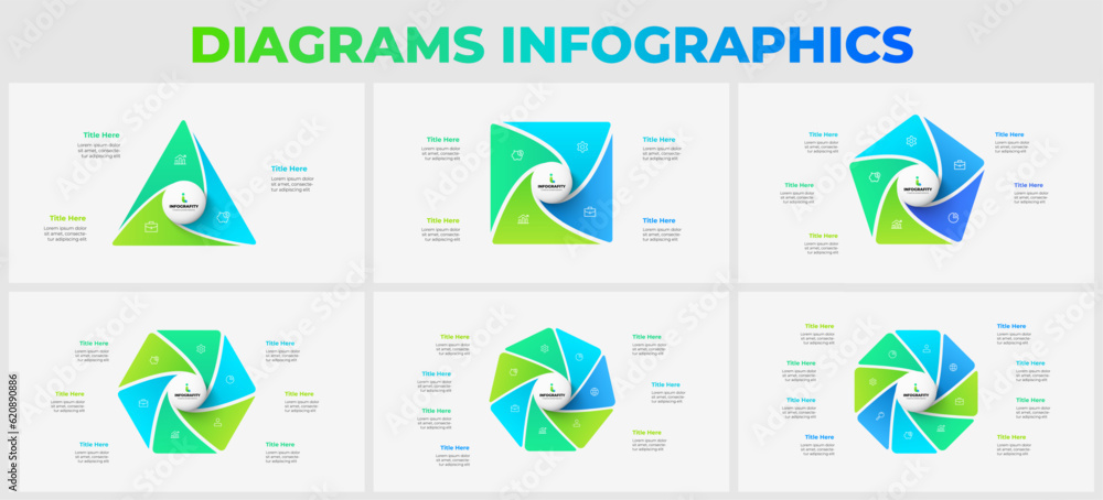 Set of geometric elements divided into 3, 4, 5, 6, 7 and 8 options ...