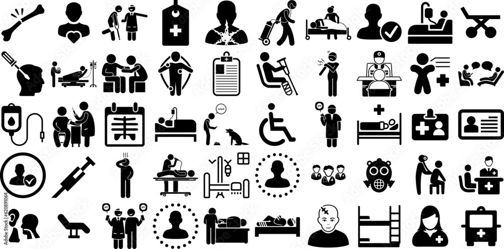 Vetor de Mega Set Of Patient Icons Set Solid Cartoon Pictograms Injury ...