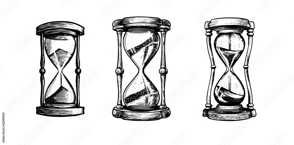 Sand watch glass set engraving vector illustration pack. Hourglass hand ...