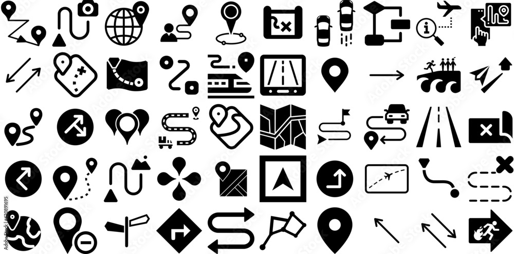 Massive Set Of Route Icons Collection Solid Drawing Symbol Icon ...