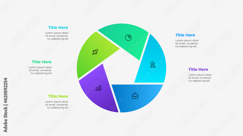 Circle diagram divided into 5 parts with a pentagon in the center. Template of five options of ...