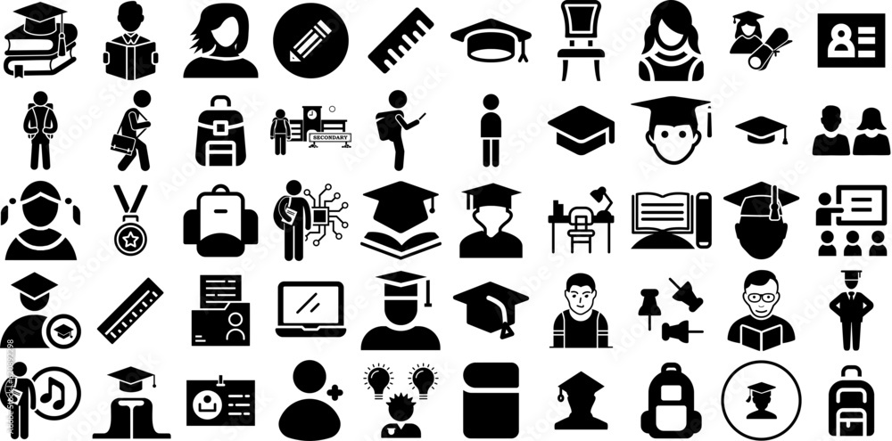 Mega Collection Of Student Icons Pack Hand-Drawn Black Simple Symbol ...