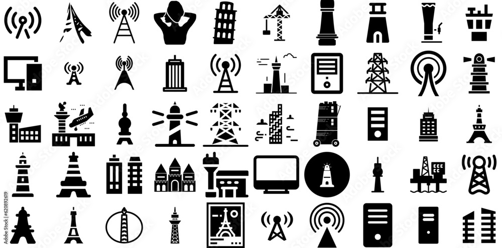 Mega Set Of Tower Icons Pack Hand-Drawn Black Vector Elements Icon ...