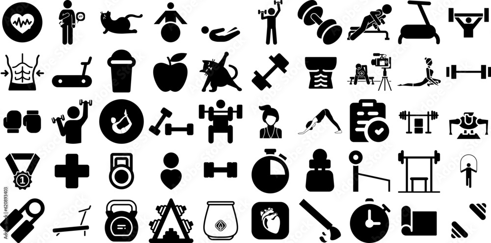 Massive Collection Of Fitness Icons Pack Solid Cartoon Symbols Bicep ...
