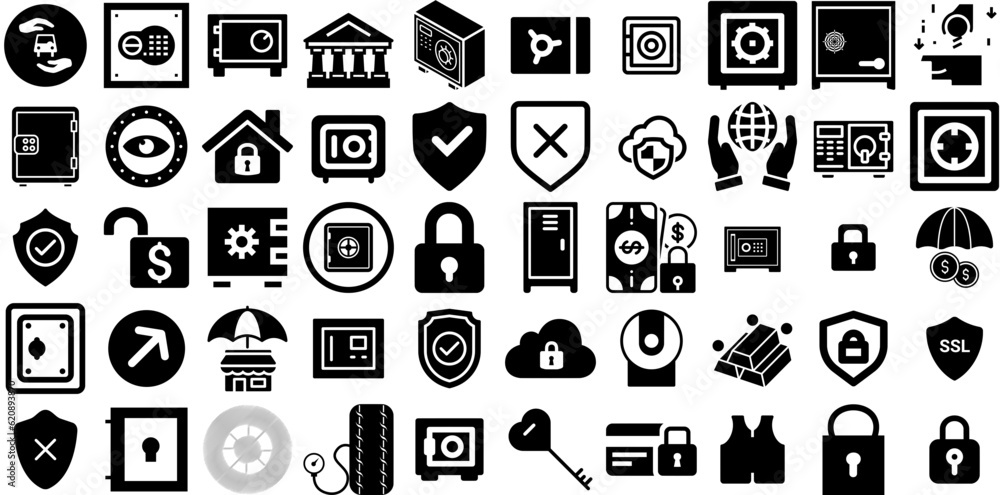Mega Set Of Safe Icons Set Hand-Drawn Solid Cartoon Signs Set, Vault ...