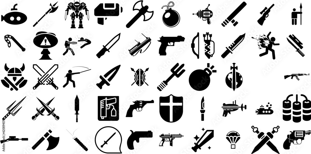 Mega Collection Of Weapon Icons Bundle Isolated Cartoon Pictograms ...