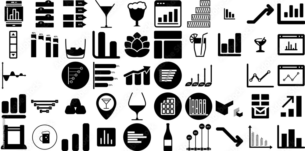 Big Collection Of Bar Icons Set Linear Cartoon Silhouettes Infographic ...