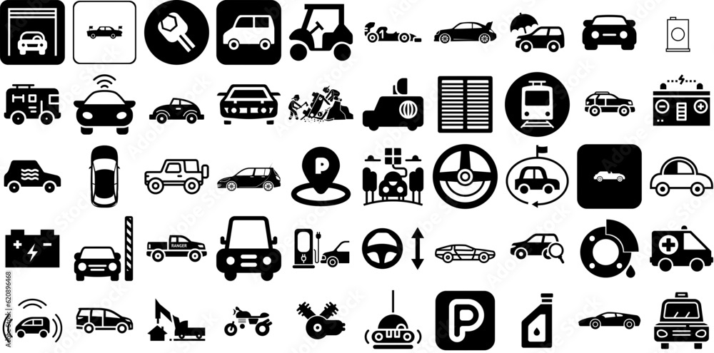 Massive Set Of Car Icons Collection Solid Design Symbols Slow, Mark ...