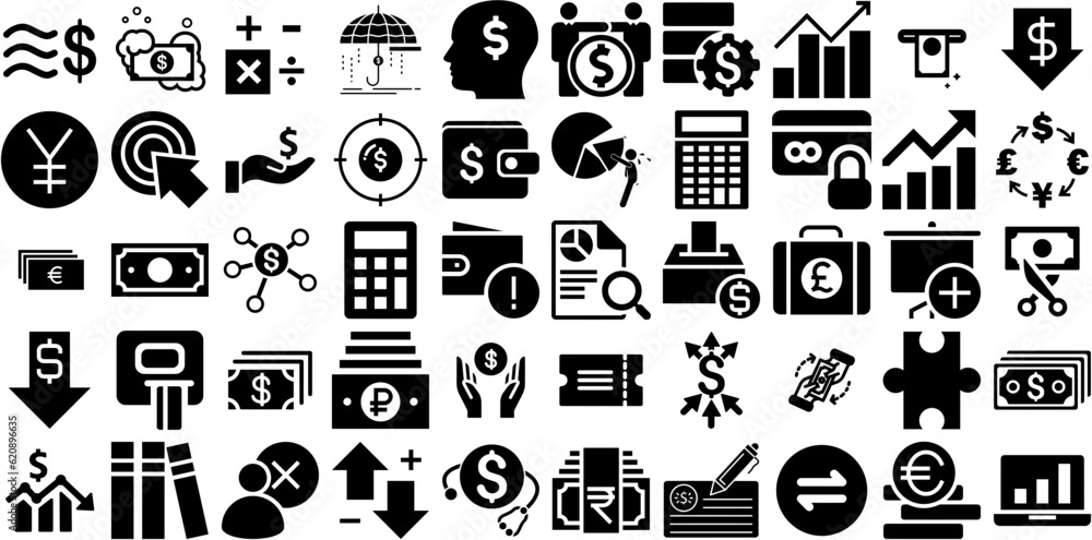 Massive Collection Of Financial Icons Pack Hand-Drawn Solid Design Symbol Symbol, Icon, Decrease ...