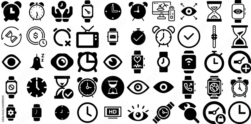 Mega Collection Of Watch Icons Bundle Hand-Drawn Solid Simple Symbols ...