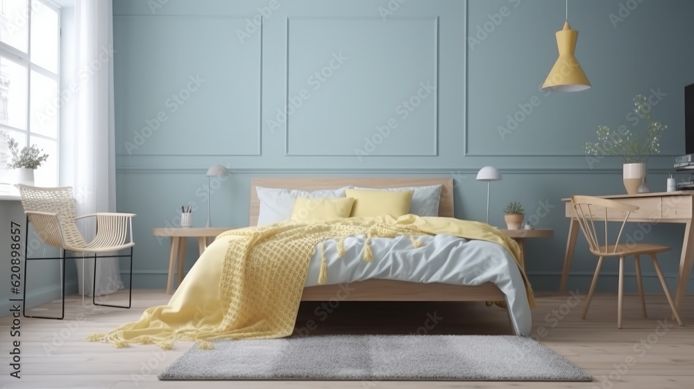 mockup room interior clean clear color accent wall bedroom daylight ...