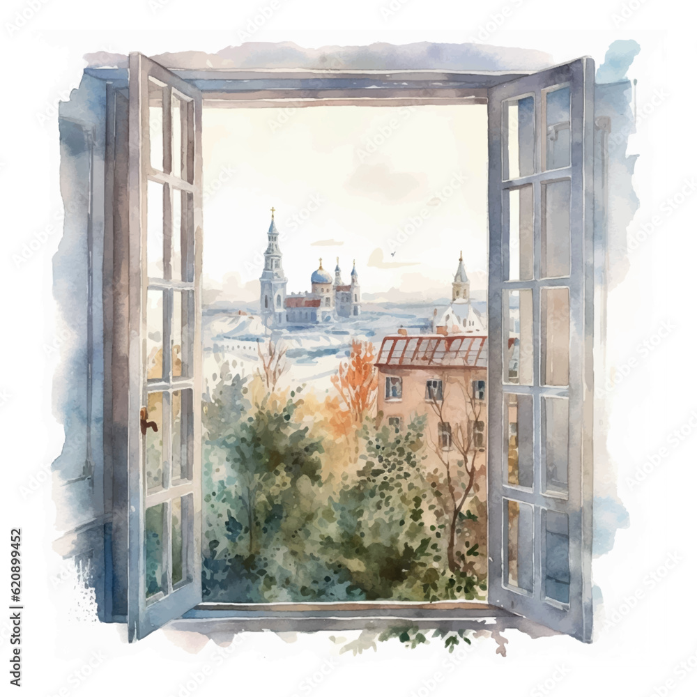 Beautiful sketch with view window Russia watercolor. Modern vector art ...