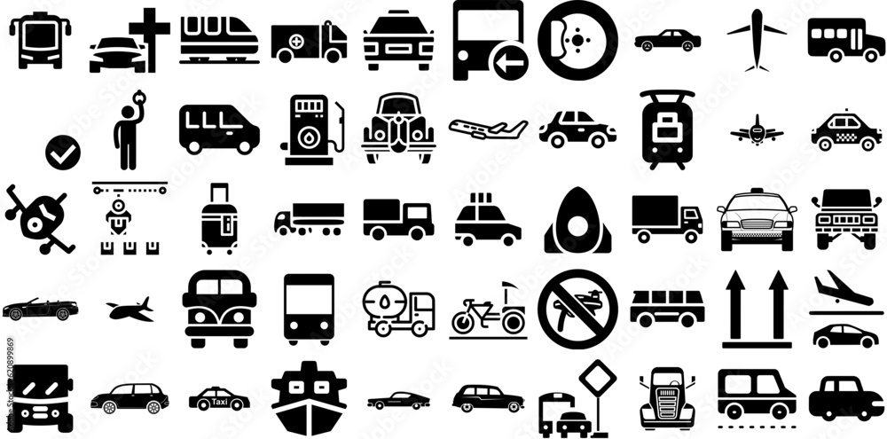 Big Collection Of Transportation Icons Collection Hand-Drawn Solid ...