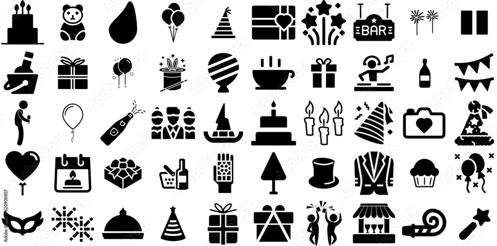 Big Set Of Party Icons Pack Hand-Drawn Black Simple Symbols Festival ...