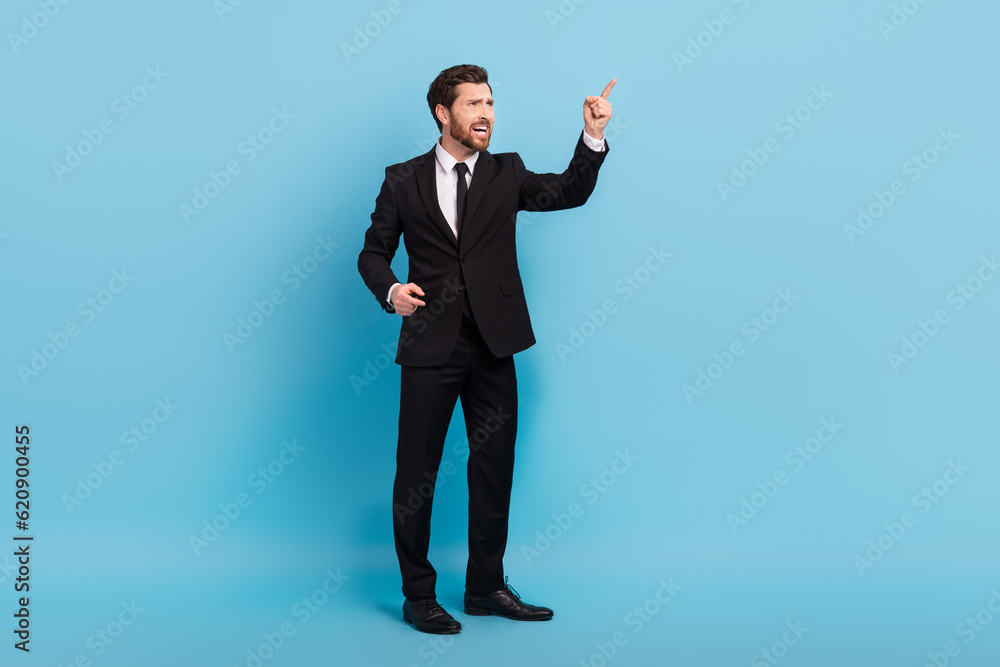 Full length photo of aggressive angry boss dressed black suit screaming ...