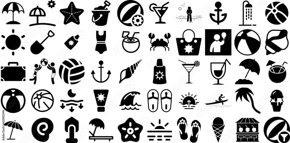 Mega Collection Of Beach Icons Pack Hand-Drawn Black Vector Elements ...