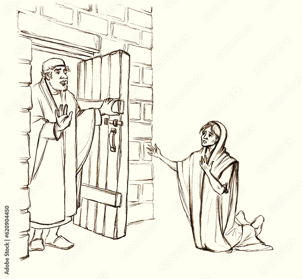 Pencil drawing. A poor widow asks for protection from an unrighteous ...
