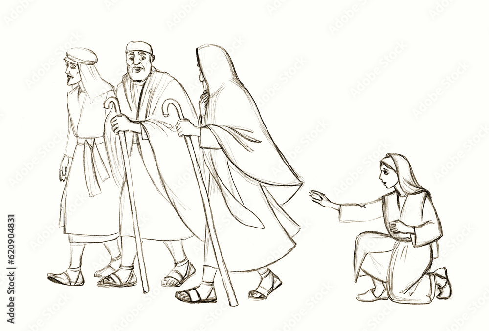 Pencil drawing. The woman touched the clothes of Christ, to be healed ...