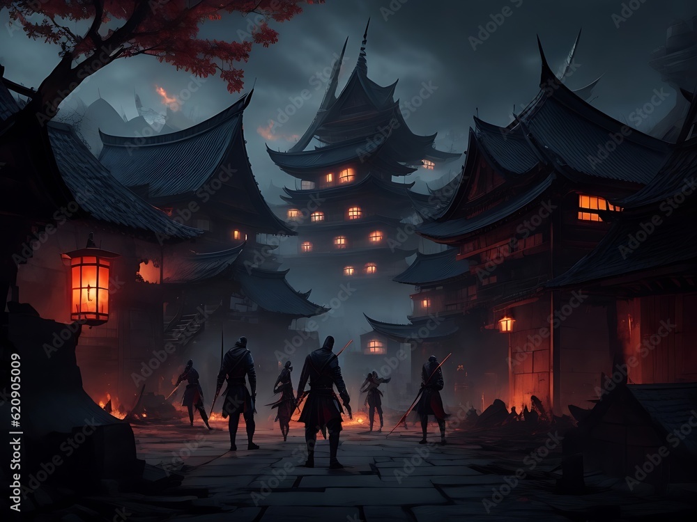 The Japanese village surrounded by mountain and lake after samurai ...