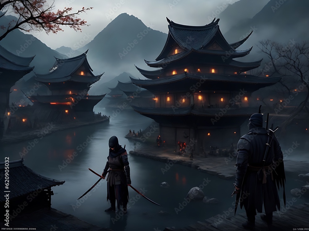 The Japanese village surrounded by mountain and lake after samurai ...