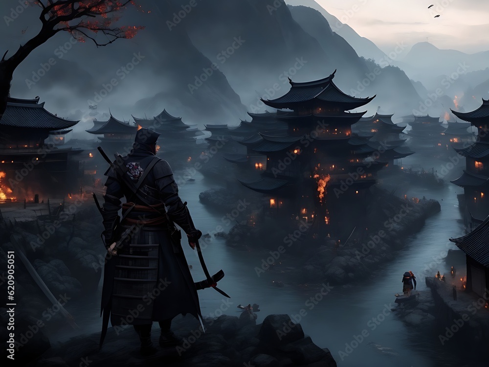 The Japanese village surrounded by mountain and lake after samurai ...