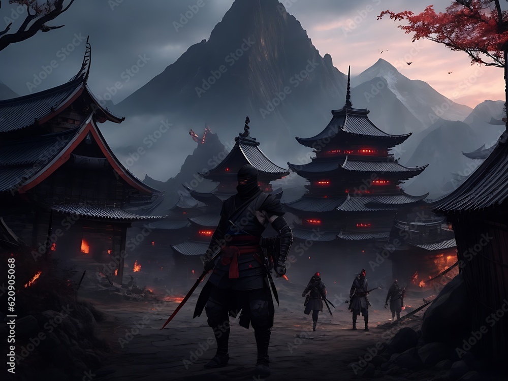 The Japanese village surrounded by mountain and lake after samurai ...