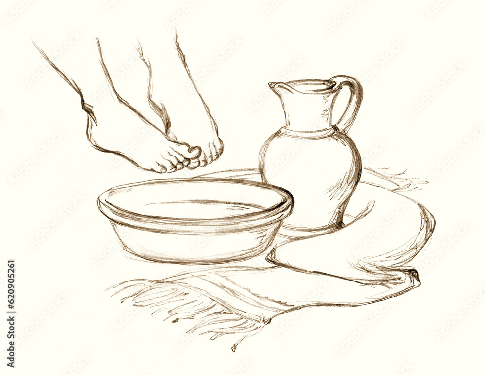 Foot washing. Pencil drawing scene Stock Illustration | Adobe Stock